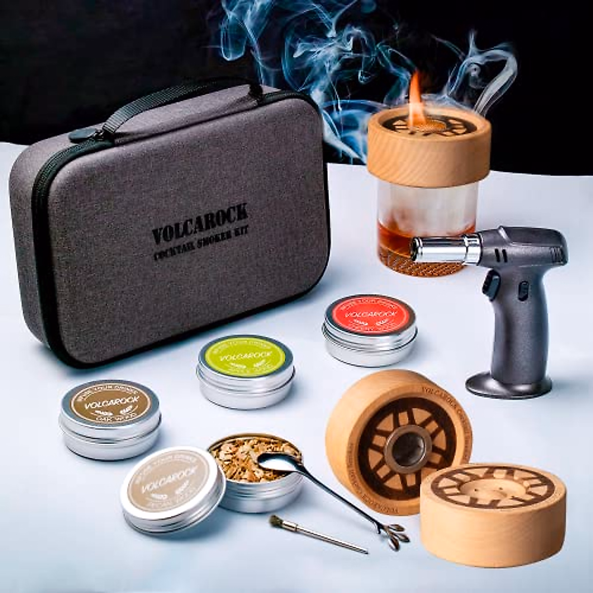 VOLCAROCK Wooden Cocktail Smoker, Home Bartender Kit with Carry Case, Torch Included, Wood Chip Infuser Smoker, Ideal Father's Day Gift, Luxury Bar Set for Old Fashioned, Whiskey, Manhattan and More
