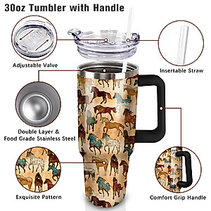 puhnhsv 30 oz Horse Tumbler With Handle and Straw, 30oz Insulated Stainless Horse Tumbler Coffee Travel Mugs Cup Water Bottle Horse Lovers Gifts for Women Girls