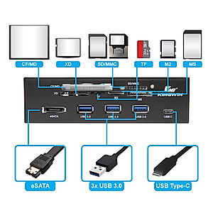 Kingwin Powered USB Hub 3.0 w/ 1 USB-C Port, SD Card Reader & Micro SD Card Reader - Sata Power Port w/Lightning Speed Data Transfer Up to 5Gbps - 5.25" Computer Case Front Bay, black (KW525-3U3CR)