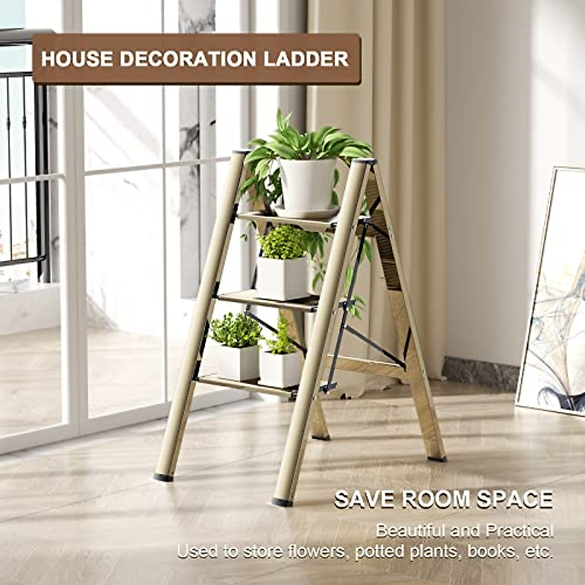 3 Step Ladder Aluminum Lightweight Folding Step Stool Wide Anti-Slip Pedal 330 Lbs Capacity Household Office Portable Stepladder,Champagne Gold