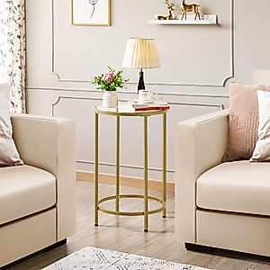 Yaheetech Glass End Table, Round Side Table, Small Coffee Accent Table Nightstand w/Glass Top & Metal Frame for Living Room, Balcony, Bedroom, Porch, Small Space, Modern Style, Mustard Gold