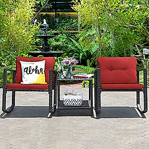 DORTALA 3 Pieces Patio Furniture Set, Rattan Rocking Chair and Glass Coffee Table for Backyard PoolsideOutdoor Wicker Conversation Set w/Cushioned Seat, Set of 3 Patio Bistro Set, Burgundy