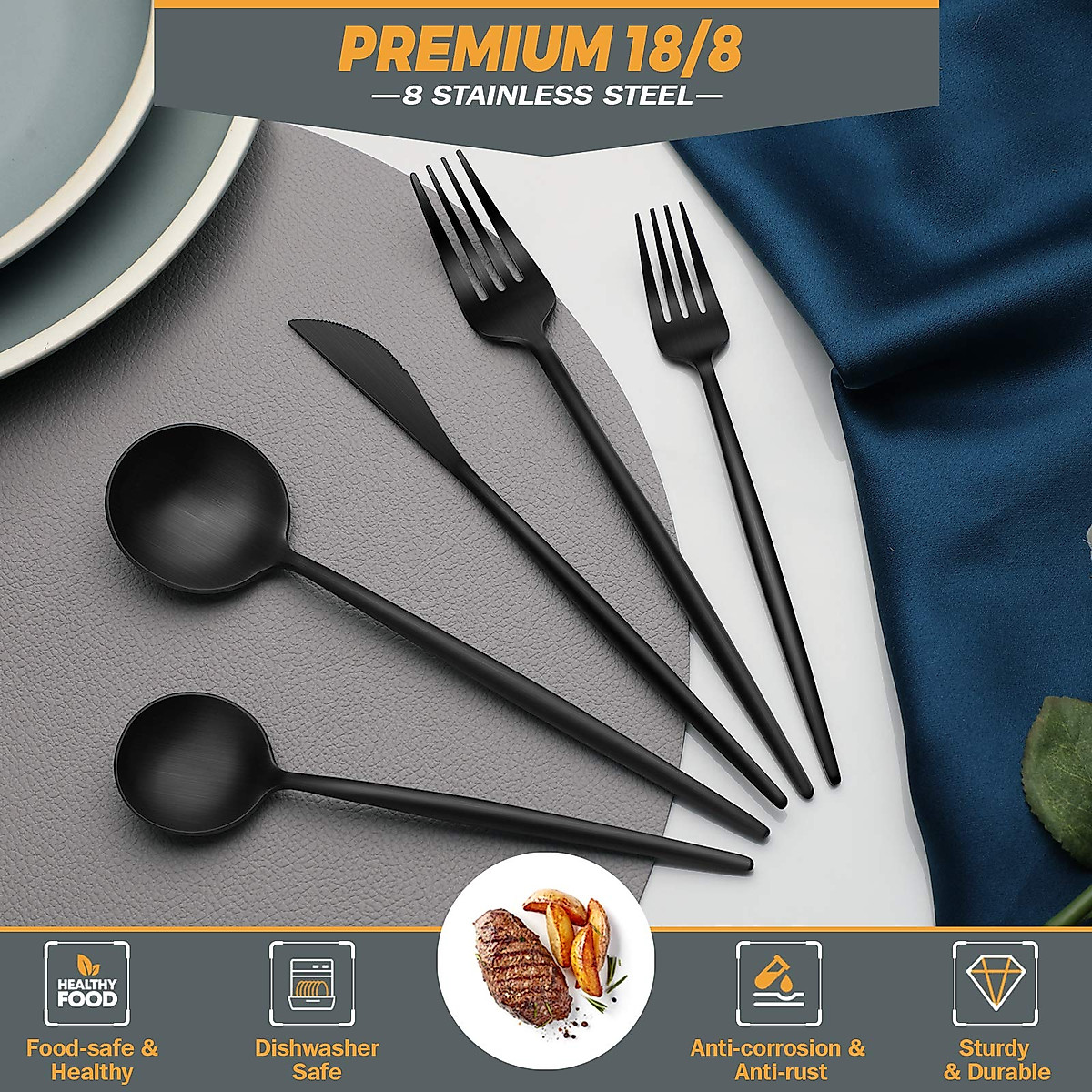 Luxury Matte Black Silverware Set, 20-Piece 18/8 Stainless Steel Flatware Sets for 4, Silverware Flatware Set for Home, Kitchen and Restaurant