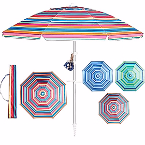 Aoxun Beach Umbrella, 7ft Umbrella with Sand Anchor & Tilt Aluminum Pole, Portable UV 50+ Protection Beach Umbrella with Carry Bag Rainbow Stripe