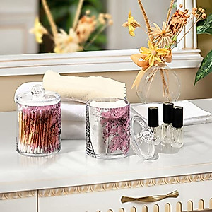 WELLDAY Apothecary Jars Bathroom Storage Organizer with Lid - 14 oz Qtip Holder Storage Canister, Pink Paris Tower Clear Plastic Jar for Cotton Swab, Cotton Ball, Floss Picks, Makeup Sponges,Hair Clip