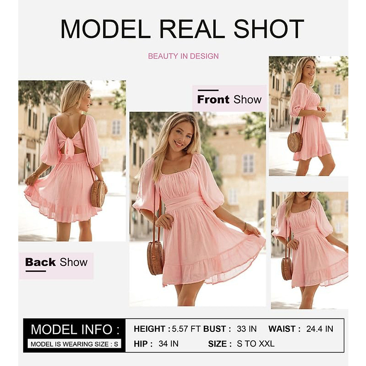 Dokotoo Women's Square Neck Off The Shoulder Dresses Lantern Sleeve Tie Backless Sexy Dresses Ruffle A-Line Casual Dress Shirred Elastic Waist Pink Dress for Women Medium