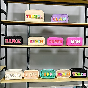 cqoogrlx Cheer Patch Bag Letter Patch Nylon Makeup Bag Cheer Cosmetic Bag Cheerleader Gifts Preppy Chenille Varsity Letter Cheer Makeup Bag Case Toiletry Zipper Pouch for Women Girls(Cheer-hot pink)