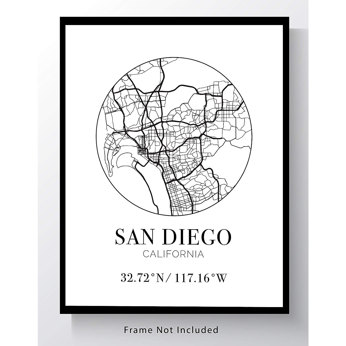 San Diego CA City Street Map Wall Art - 11x14 UNFRAMED Modern Abstract Black & White Aerial View Decor Print with Coordinates. Makes a great California-Themed Gift.