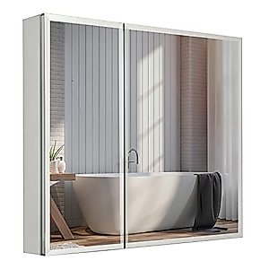 MOVO Double Doors Medicine Cabinet with Mirror, 30 inch X 26 inch Aluminum Bathroom Medicine Cabinet, Adjustable Glass Shelves, Waterproof and Rust-Resist, Recess or Surface Mount