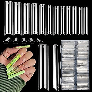 LIONVISON 504PCS NO C CURVE Clear Nail Tips for Acrylic Nails Professional, 3XL Extra Long Flat Tapered Square Nail Tips, 12 Sizes Half Cover Straight French Fake Nail Tips for Nail Salons Home
