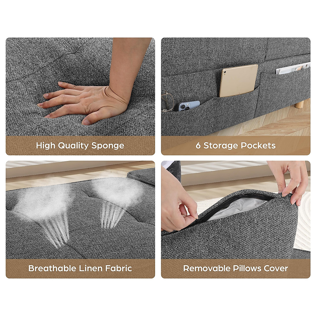 SEJOV Sleeper Sofa Chair Bed,4-in-1 Convertible Sofa Bed Chair with 6 Adjustable Backrest and Pillow, 3-Seat Pull Out Sleeper Chair Linen No Backrest for Bedroom Small Space Living Room, Dark Grey