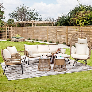 NICESOUL® 7 Pcs Boho Outdoor Patio Furniture Sofa Set with Egg Chair, L-Shaped Lounge Chair with Beige Cushions, Wicker Conversation Set with Ice Bucket for Garden Balcony Deck Bohemian Cream Color