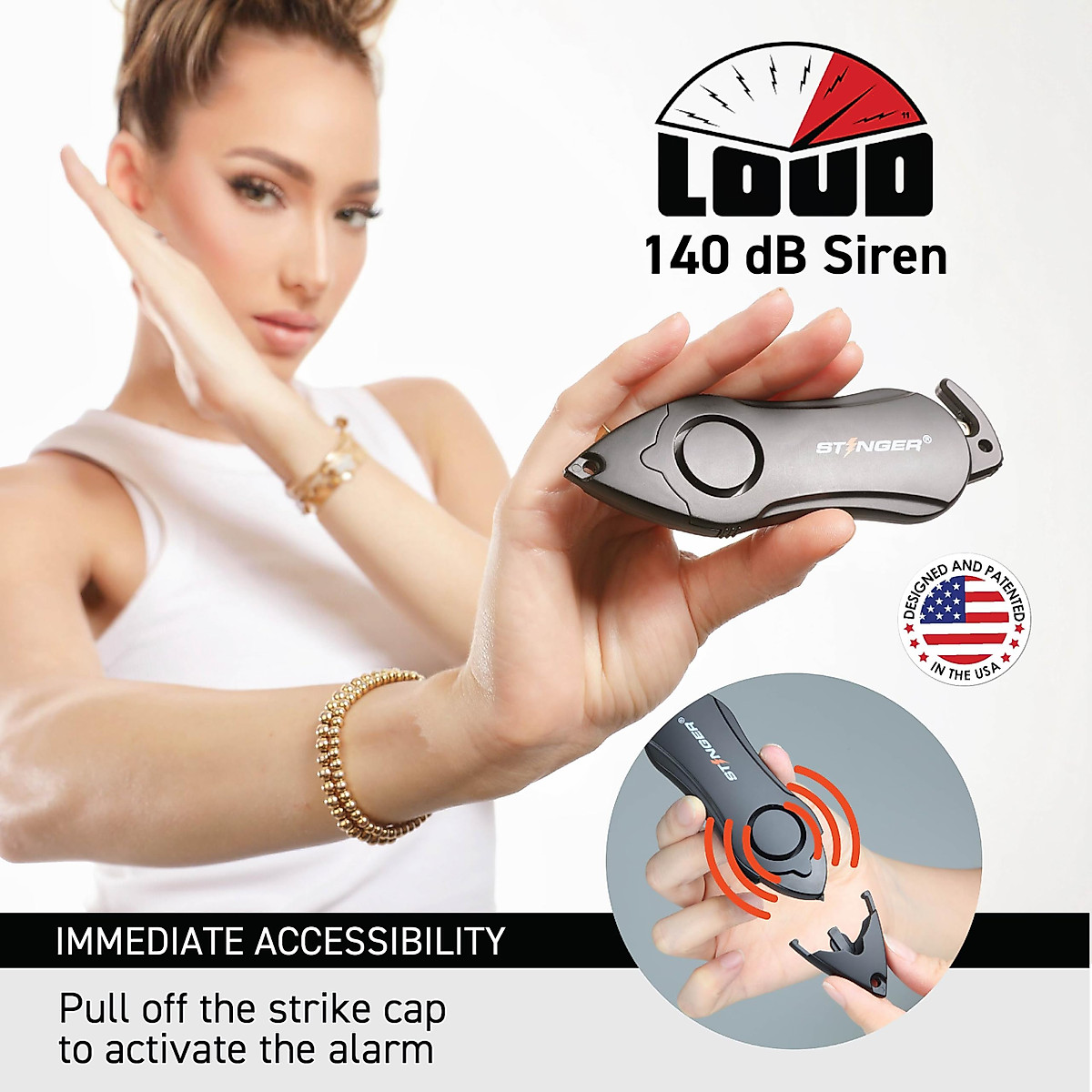 Stinger Personal Alarm Keychain Emergency Tool, Safety Panic Alarm Siren, Seat Belt Cutter, Glass Breaker, Security Device for Women Men Kid, Design in USA (Pink Marble)