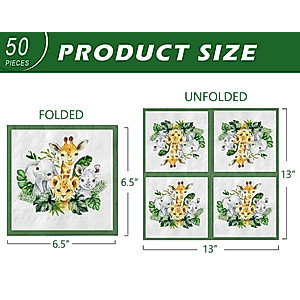 Yuzioey 50 Pcs Safari Baby Shower Napkins, Jungle Animals Baby Shower Disposable Paper Napkins, Safari Theme Baby Shower Supplies Party Napkins, Safari Baby Shower Decorations 6.5" x 6.5"