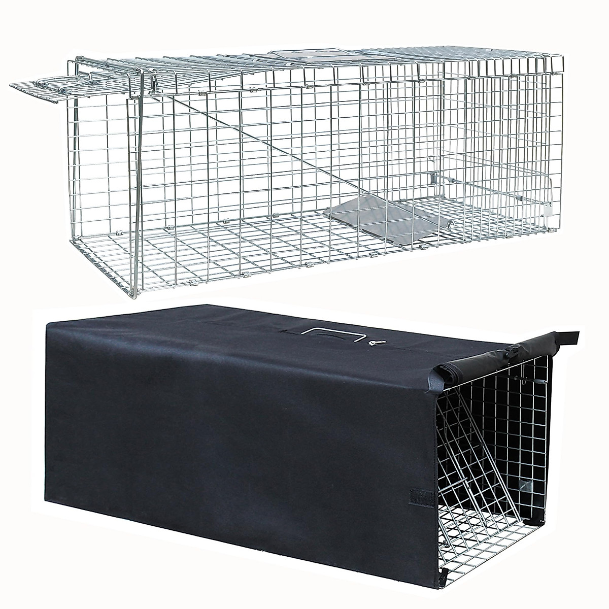 Live Feral Cat Trap Cage with Cover, Heavy Duty Folding Animal Traps Cage for Stray Cats, Humane Cat Trap for Raccoon, Squirrel, Skunk, Catch and Release - (32 x 10 x 12 inches, Trap Cage with Cover)