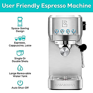 CASABREWS Espresso Machine 20 Bar, Professional Coffee Maker Cappuccino Latte Machine with Steam Milk Frother, Espresso Coffee Machine with 49oz Removable Water Tank, Stainless Steel, Gift for Dad Mom