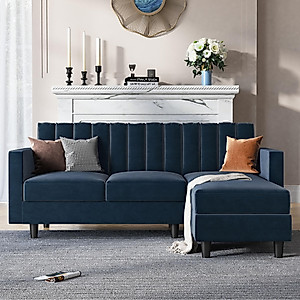 HONBAY Convertible L Shaped Sofa Velvet Sectional Couch with Reversible Chaise, L Shaped Couch with Ottoman for Small Living Room, Dark Blue