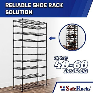SafeRacks 10-Tier Shoe Rack - Black, Large Shoe Storage Organizer, 60 Pair, Heavy Duty Shoe Stand with Vertical Free Standing Shoe Shelf, Perfect for Entryway, Closet, Garage, & Bedroom Storage