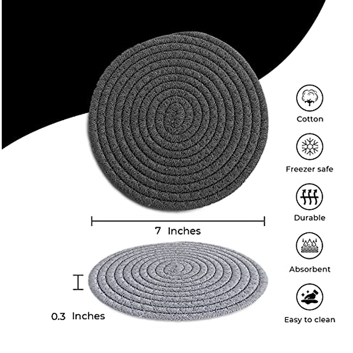 Trivets Pot Holders Set for Hot Dishes Set of 3, Hot Pads for Kitchen, 100% Cotton Trivets for Hot Pots and Pans, Spoon Rest for Cooking & Baking, Stylish Coaster & Hot Mats (Mix Grey 7 Inch Diameter)