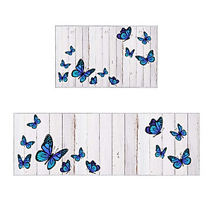 Farmhouse Style Kitchen Mats for Floor Cushioned Anti Fatigue 2 Piece Set Kitchen Runner Rugs Non Skid Washable Butterfly Vintage Wooden Plank