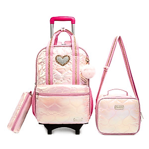 ZBAOGTW Rolling Backpack for Girls School Backpack with Wheels Kids Roller Backpack with Lunch Bag for Elementary School
