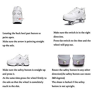KOFUBOKE Unisex Deformation Roller Skate Shoes Kids Double-Row Walking Shoes with Invisible Wheels Adult 2 in 1 Removable Pulley Parkour Skating (White Without Light, 2.5)