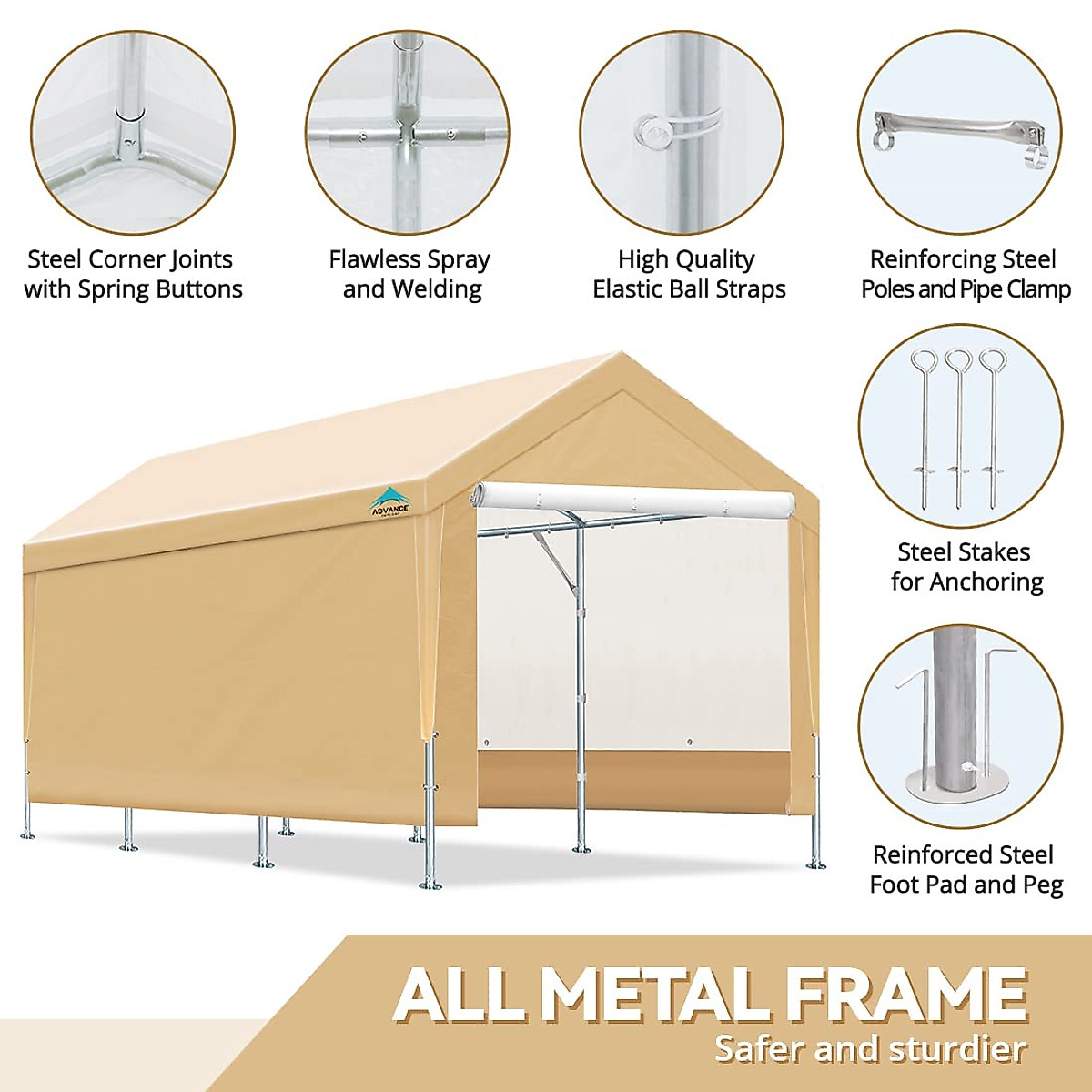 ADVANCE OUTDOOR Adjustable 10x20 ft Heavy Duty Carport Car Canopy Garage Shelter Boat Party Tent, Adjustable Heights from 9.5ft to 11.0ft, Removable Sidewalls and Doors, Beige