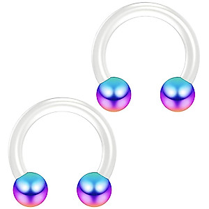 Evonix 2pc 14g Flexible Bioflex Circular Barbell Horseshoe Septum Ring Bioplast Piercing 8mm Rainbow Ball