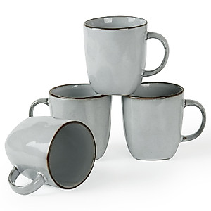 famiware Coffee Mugs Set of 4, Ocean Square 13oz Coffee Cup Set with Handle for Cocoa, Milk, Hot Chocolate, Tea, Water, Stoneware Cups for Kitchen, Microwave and Dishwasher Safe, Grey