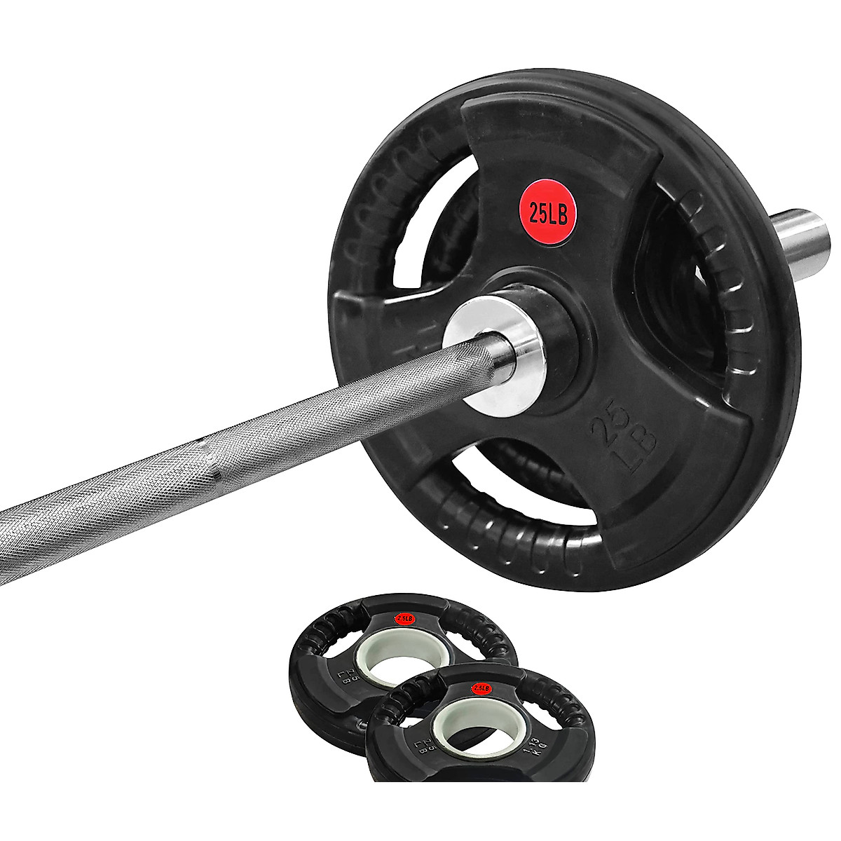 Signature Fitness Cast Iron Olympic 2-Inch Weight Plates Including 7FT Olympic Barbell, 130-Pound Set (85 Pounds Plates + 45 Pounds Barbell), Multiple Packages, Rubber Coated Style
