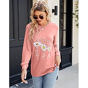 JNIFULI Womens Casual Long Sleeve Tunic Tops Funny Letter Sunflower Print Side Split Loose Fit Pullover T Shirts