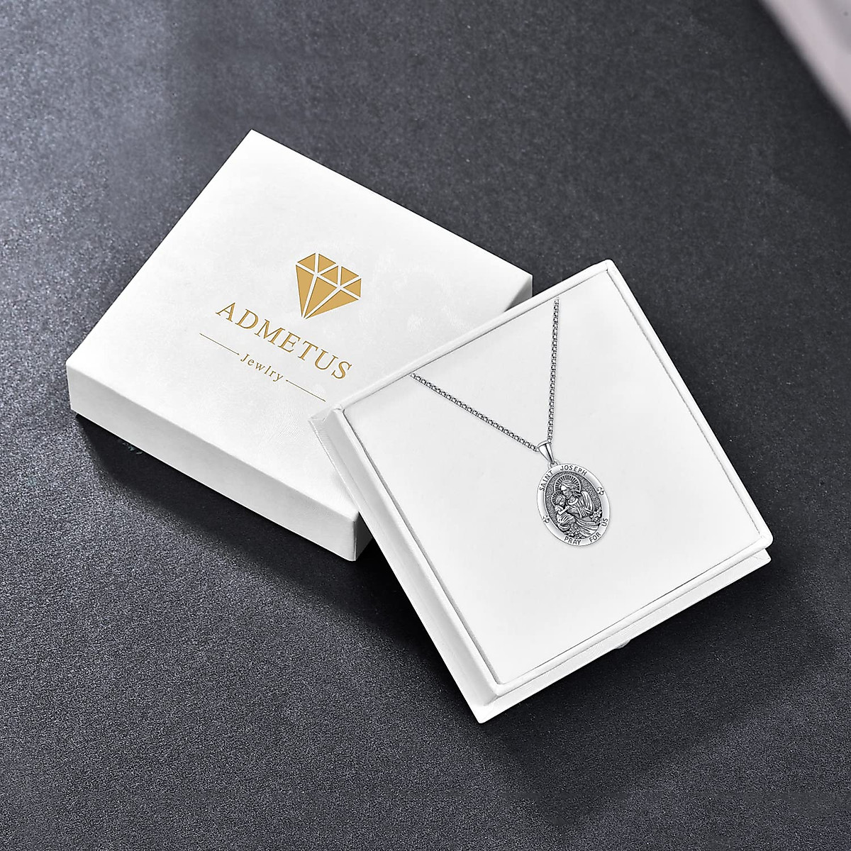 ADMETUS St Joseph Medal for Men 925 Sterling Silver Oval Saint Joseph Pendant Necklace Protection Jewelry Religious Gifts