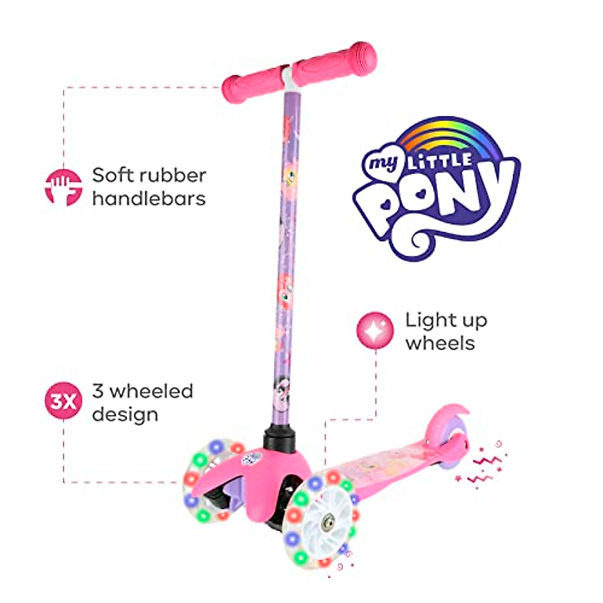 My Little Pony Self Balancing Kick Scooter with Light Up Wheels, Extra Wide Deck, 3 Wheel Platform, Foot Activated Brake, 75 lbs Limit, Kids & Toddlers Girls or Boys, for Ages 3 and Up