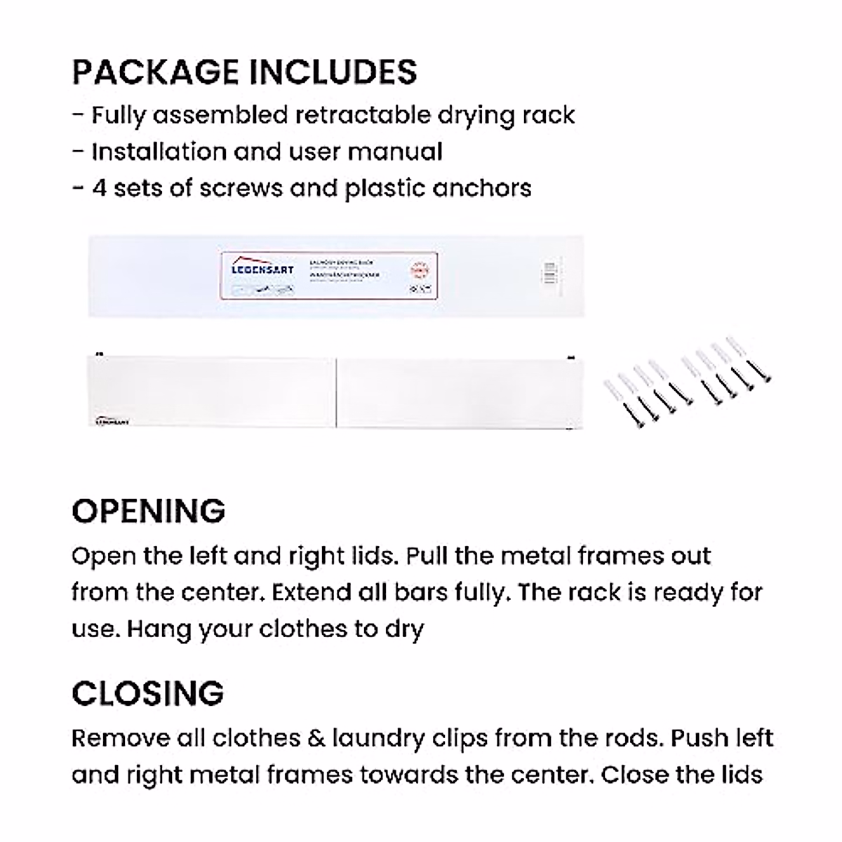 LEBENSART Laundry Drying Rack, Stainless Steel Collapsible Wall Mounted Space Saving Clothes Drying Rack, Indoor and Outdoor Foldable Drying Rack, 40lbs-14Ft Drying Capacity,27,5" (White)