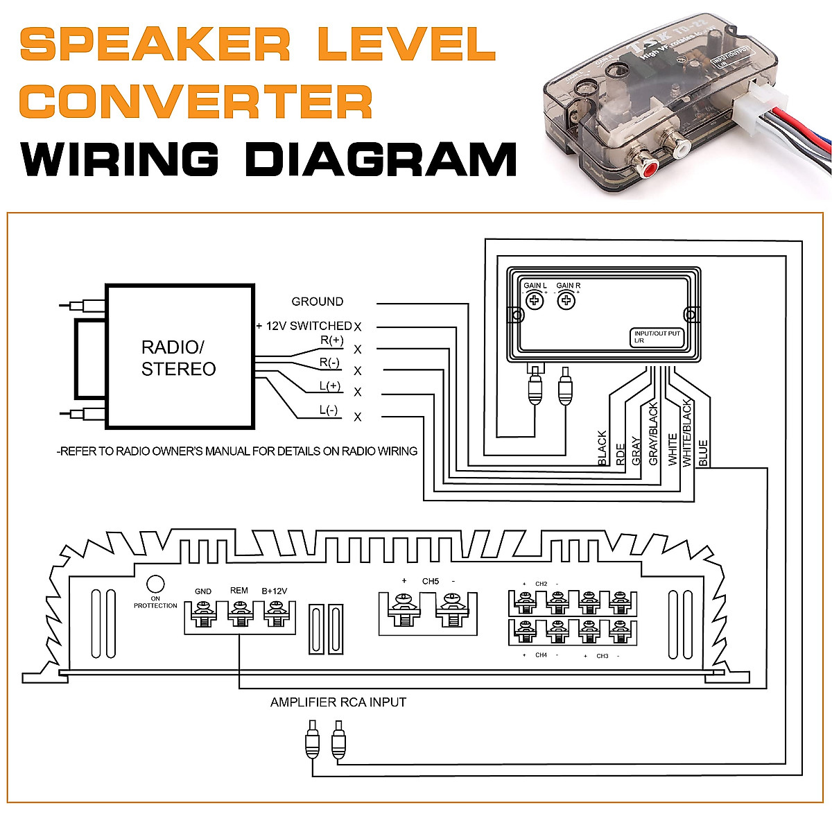 Car Stereo Audio Speak Delay Signal Hi-Low Converter for Auto Amp Subwoofer Amplifier CD Player High to Low Adapter Line Output Converter