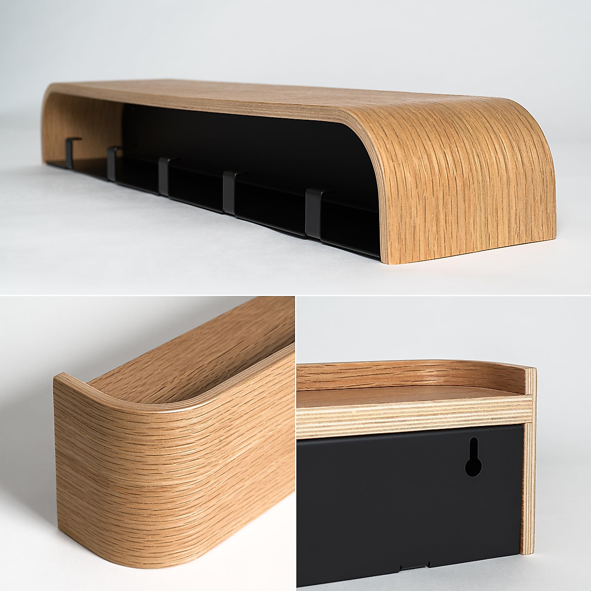 Kazai. Wall-Mounted Coat Rack 'Toke' | Modern Design Coat Rack with Hidden Wall Hooks | Solid Wood Veneer Panel Coat Hanger | Oak