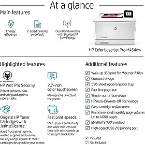 HP Laserjet Pro M454dw Wireless Color Laser Printer (W1Y45A), Print Only, 28ppm, 600x600 dpi, Duplex Printing, 2.7" Color Touchscreen Display, Auto On/Off Technology, Wi-Fi, Lanbertent Printer Cable