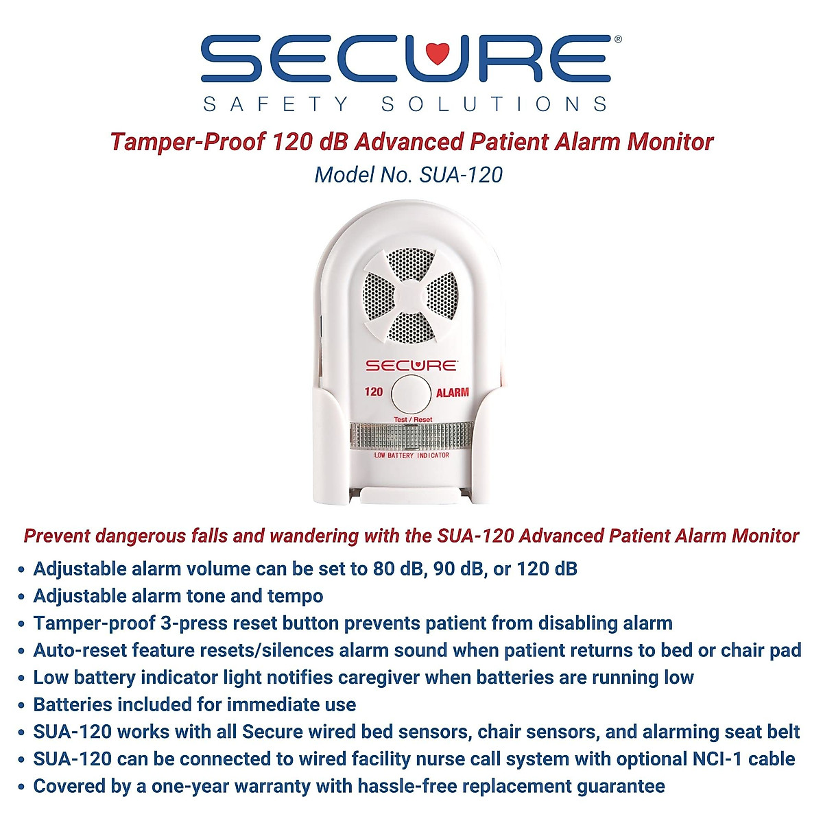 Secure Chair Alarm for Elderly Dementia Patients - 12" x 12" Chair Pressure Sensor Pad, 80-120 dB Patient Monitor - Wheelchair Chair Alarms and Fall Prevention for Seniors