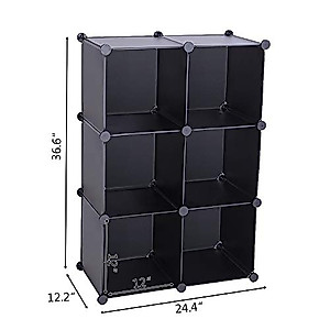 Cube Storage Organizer, Storage Cubes Shelves Bookshelf, 6 Cube Closet Organizers and Storage, DIY Stackable Plastic Clothes Organizer Shelving for Bedroom, Home Office, Black (Black)