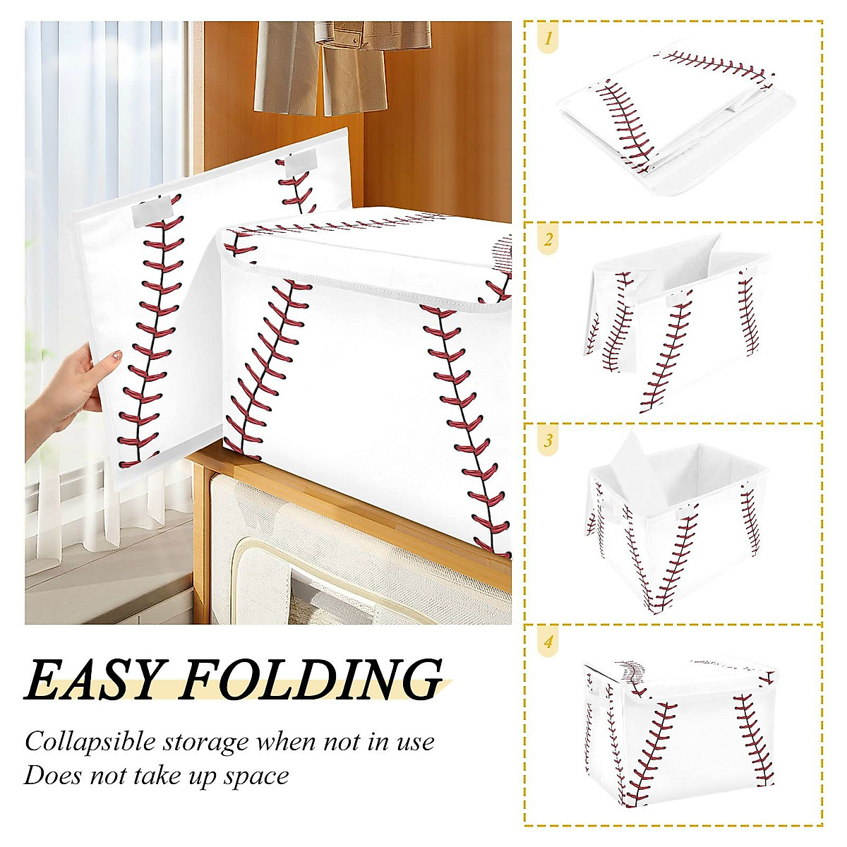 WELLDAY Baseball Grain Storage Baskets Foldable Cube Storage Bin with Lids and Handle, 16.5x12.6x11.8 In Storage Boxes for Toys, Shelves, Closet, Bedroom, Nursery