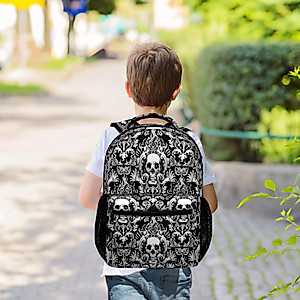 Black Skull Backpack Vintage Floral Casual School Bag Lightweight Zipper Laptop Bookbag Hiking Shoulder Daypack for Women Men