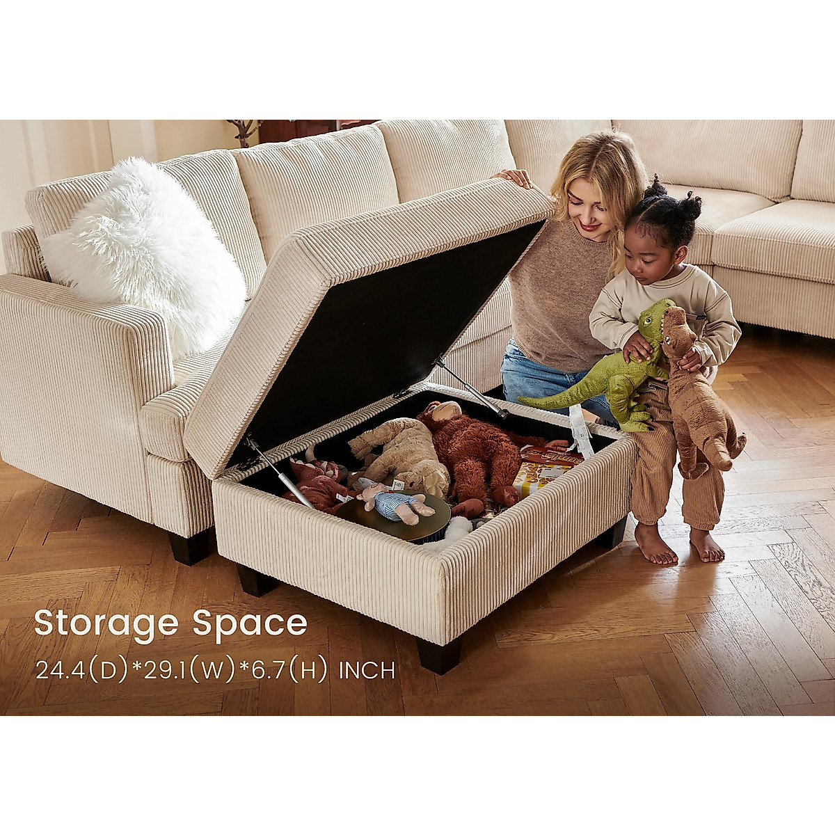 Nolany Modular Sectional Couch with Storage Ottoman, Corduroy Sectional Sleeper Sofa with Chaise, Sectional Couches for Living Room, Beige