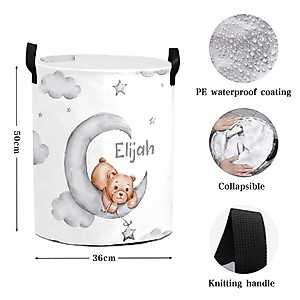 Teddy Bears on Clouds Personalized Laundry Basket,Custom Name Collapsible Waterproof Laundry Hamper Storage Bins with Handle for Clothes,Toys Nursery