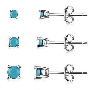 Sterling Silver Stud Earrings for Men Women- Hypoallergenic Tiny Turquoise Stud Earring Set White Gold Plated Round Prong-Set Birthstone Small Earrings(2mm/3mm/4mm)