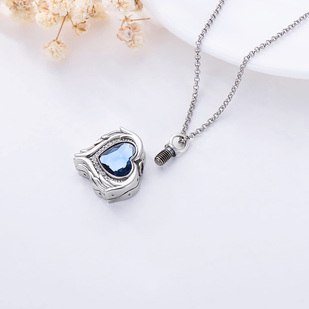 AOBOCO 925 Sterling Silver Angel Wing Heart Cremation Urn Necklace Holds Loved Ones Ashes Heart Urn Necklace for Ashes for Women, Memorial Keepsake Cremation Jewelry Necklace