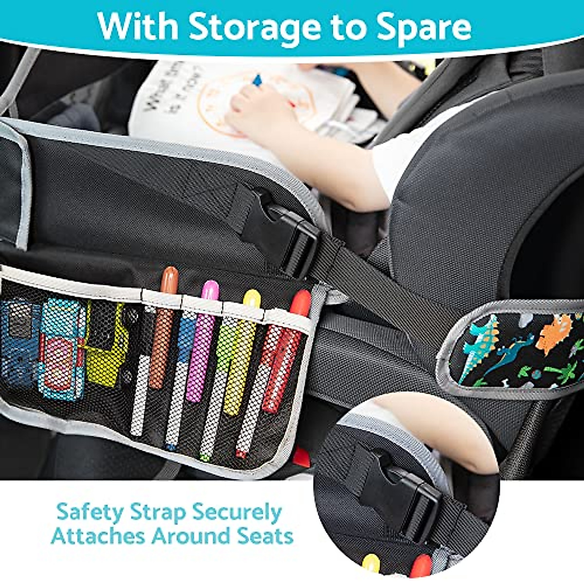 Blissful Diary Kids Travel Tray for Toddler Car Seat, Car Seat Tray for Road Trip, Road Trip Essentials Car Tray with Drawing Kit, Markers Desk Organizer for Car Airplane Travel Activities (Dinosaur)