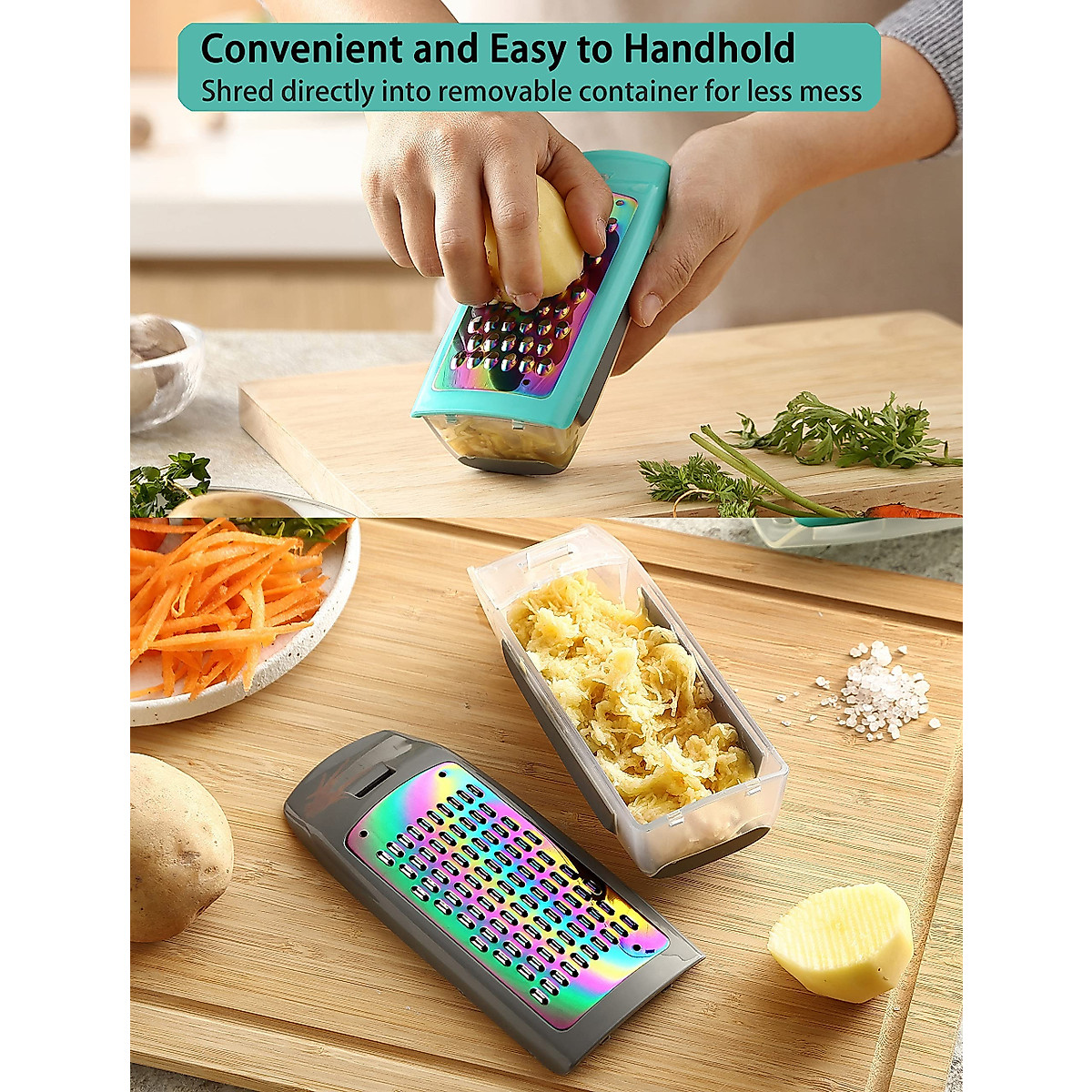 KYA27 Rainbow Color Cutlery Knife Set with Wooden Block + Marco Almond MA63 Graters for Kitchen