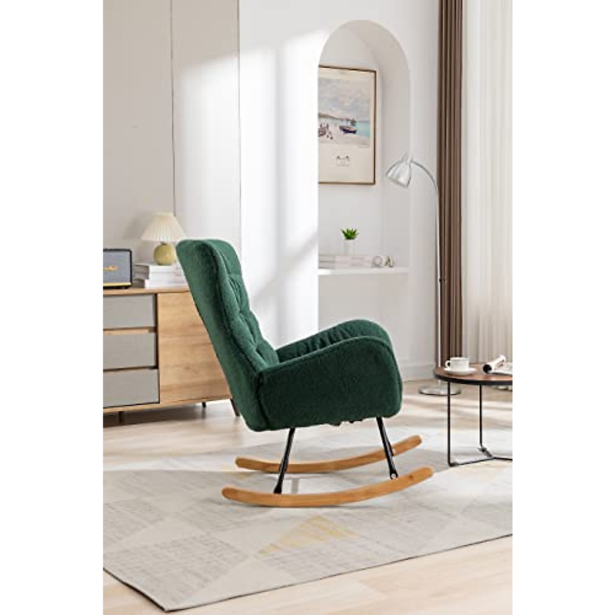 INMOZATA Rocking Chair Nursery Teddy Fabric Upholstered Glider Rocker with High Backrest, Modern Rocking Accent Chair for Nursery/Living Room/Bedroom(Green-Teddy)