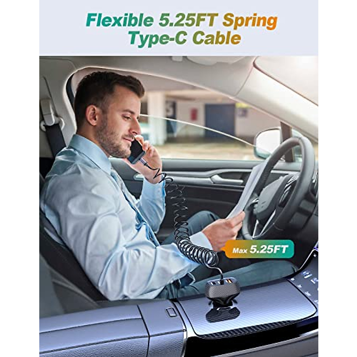 USB C Car Charger, Vocrby 45W Fast Car Charger adapter PD&QC3.0&PPS 3-Port Type C Car Charger with 5.25FT Coiled Cable, Car Charger Compatible with Samsung Galaxy S23 22/Google Pixel/iPhone/LG/Android