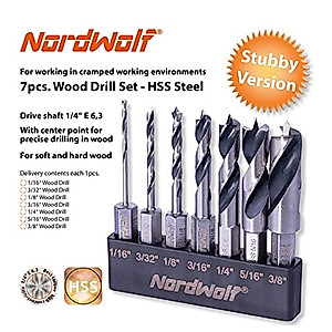 NordWolf 7-Piece HSS Brad Point Stubby Wood Drill Bit Set with 1/4" Hex Shank for Carpenter Woodworking, SAE Sizes 1/16"-3/32"-1/8"-3/16"-1/4"-5/16"-3/8"